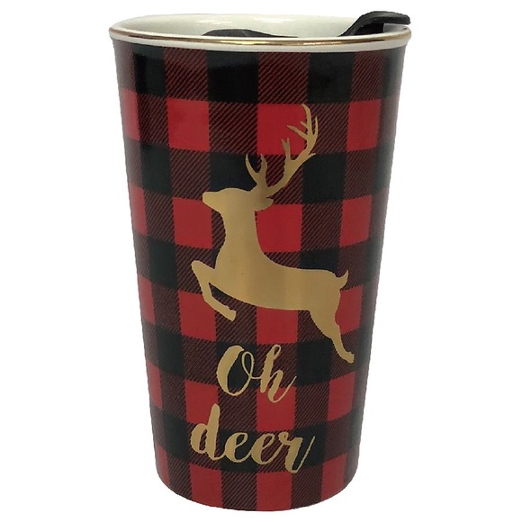 Walgreens | Dining | Oh Deer Red Black Plaid Ceramic Travel Mug | Poshmark